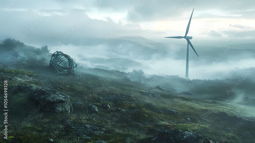 Wind turbine on a foggy moorland with scattered rocks, an eerie yet ...