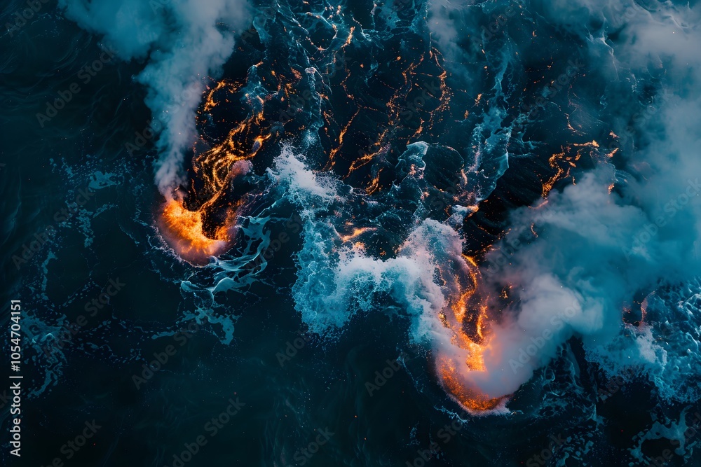 Underwater volcanic eruption process. Landscape of volcano with ...