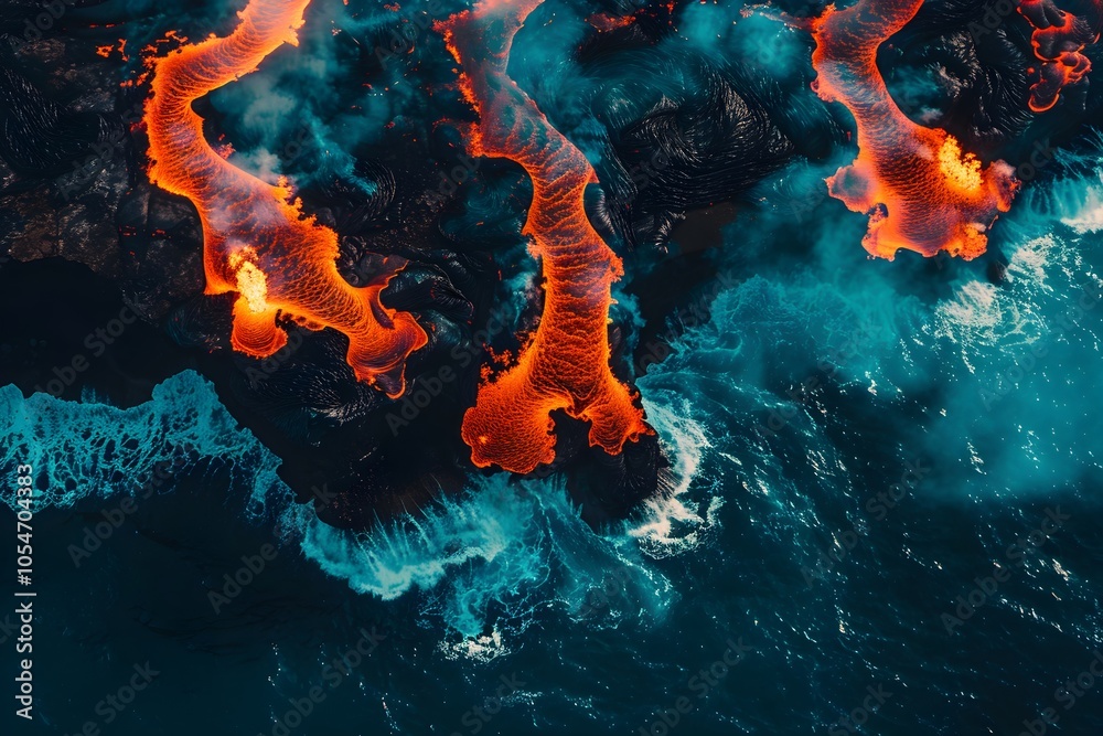 Underwater volcanic eruption process. Landscape of volcano with ...