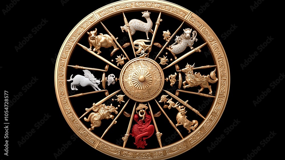 Traditional Chinese zodiac wheel in intricate design, each animal ...