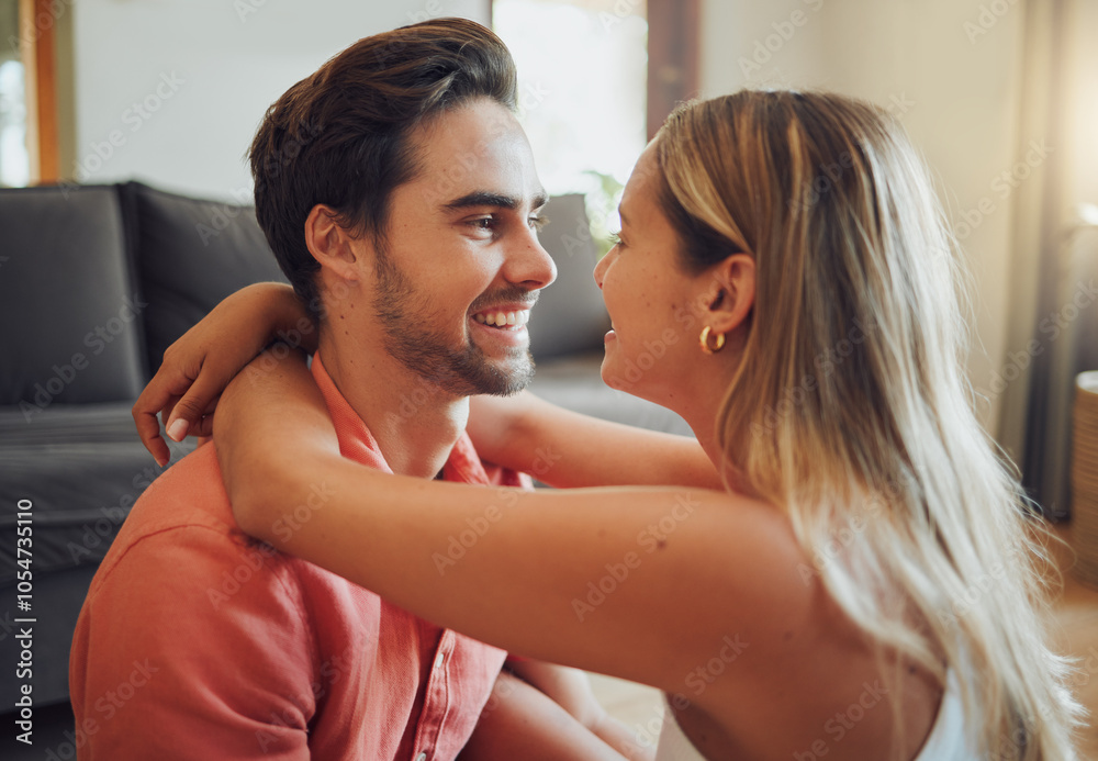 Love, hug and happy couple relax in home for care, bonding together and ...