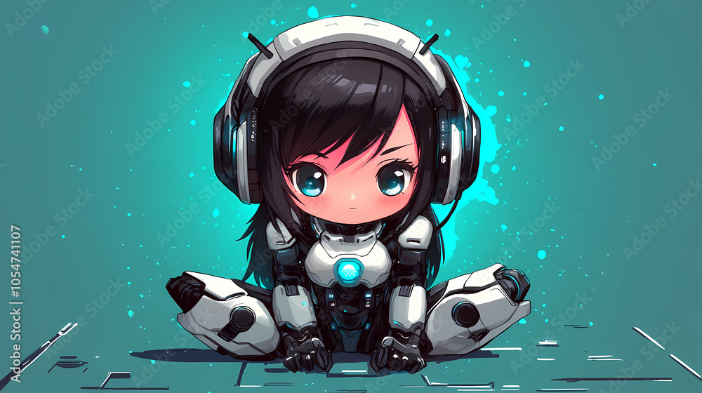 Cute chibi anime girl in futuristic mech suit with headphones. Mech ...
