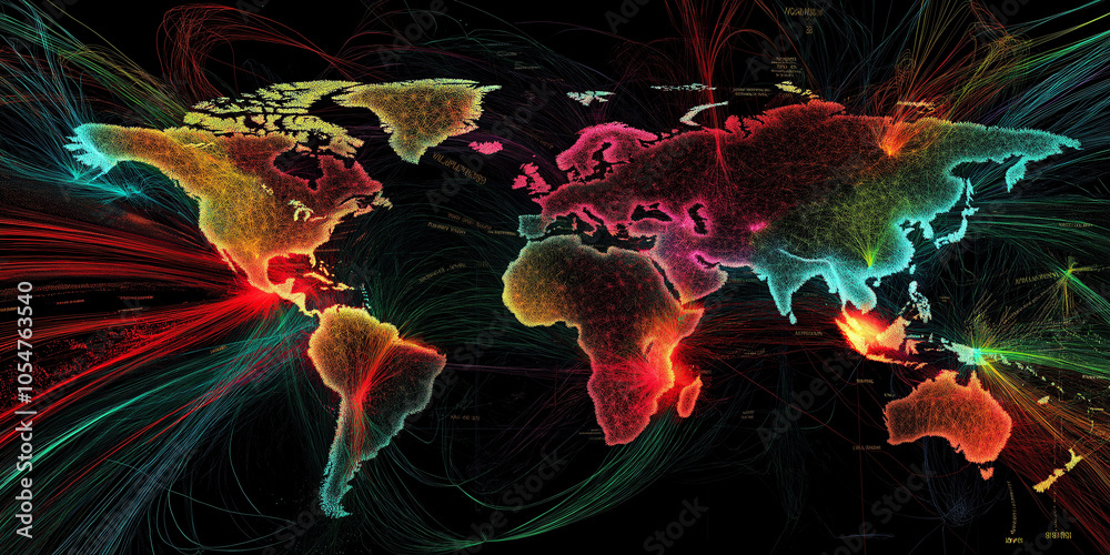 Colorful world map showing global connections and data flow Stock ...