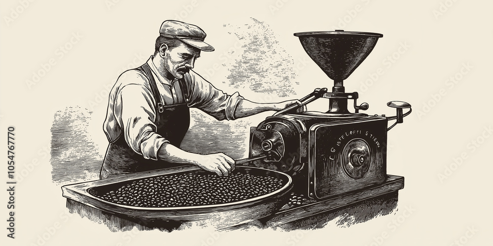 Coffee roaster operating a vintage coffee roasting machine, controlling ...