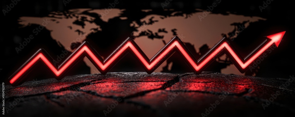 Crashing stock market graph with red arrows, overlaid on a world map ...