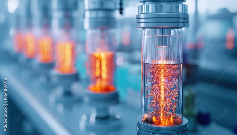 Transparent fuel reactors showing glowing hydrogen particles being ...