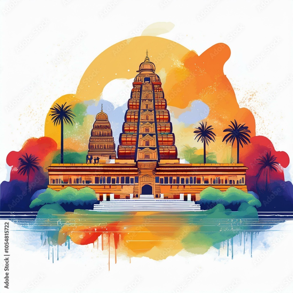 Watercolor panorama of Tamil Nadu’s iconic landmarks, capturing ...