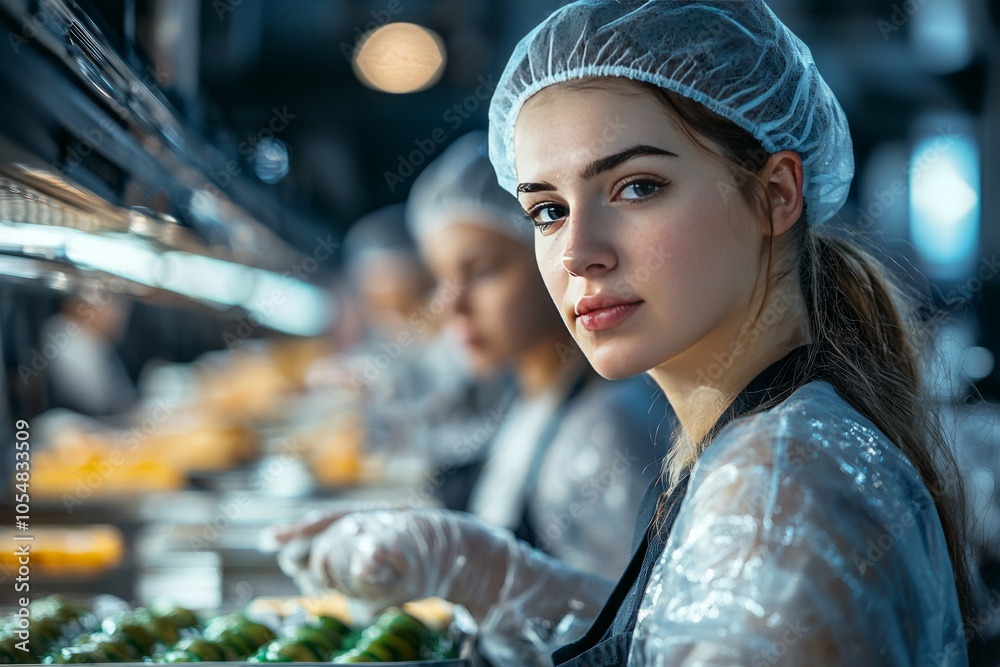 Assembly line workers in a food processing plant packaging products ...