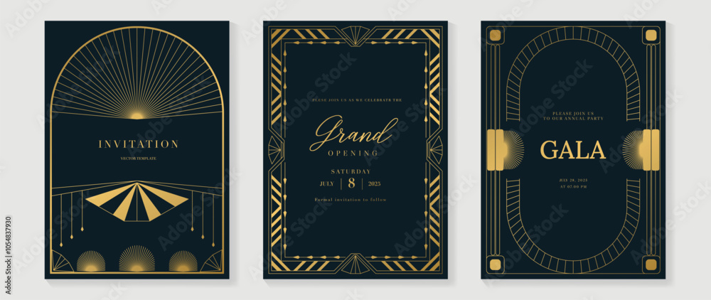 Luxury gold invitation card design vector. Abstract geometry frame and Art deco pattern ...