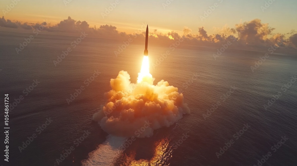 photograph of ballistic missile launched from a submarine at sea. Stock ...