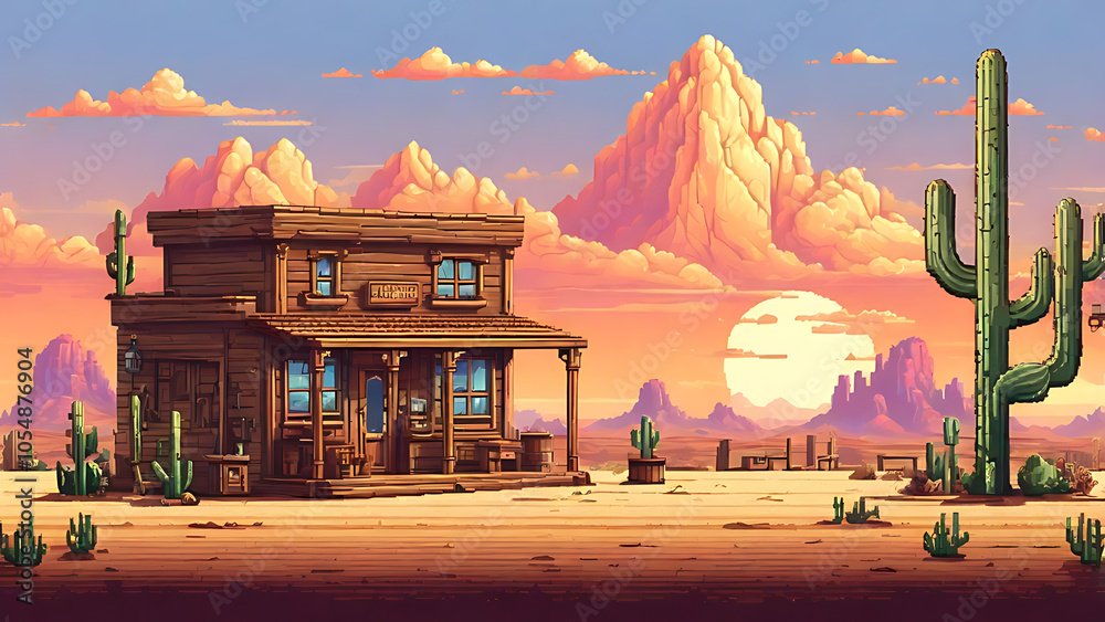 Pixel art desert town with an old western saloon, cacti, and sunset sky, ideal for a retro ...
