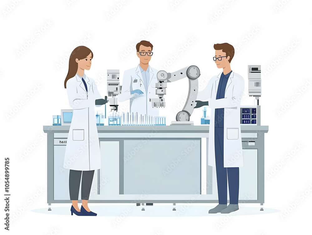 Flat Engineers Collaborating Robotic Arm Lab Wide Angle Shot Two ... Flat Engineers Collaborating Robotic Arm Lab Wide Angle Shot Two ...