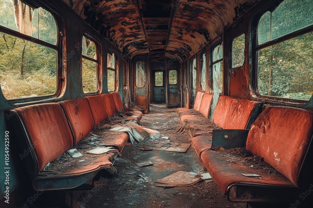 An eerie abandoned train car, with broken seats, shattered windows, and ...