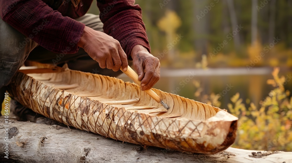 Skilled Indigenous Artisan Meticulously Crafting a Traditional Birch ...