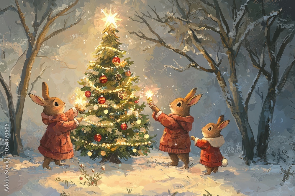 Charming family of rabbits dressed in cozy winter clothing celebrating ...