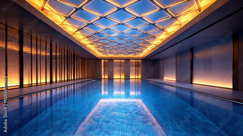 High-end indoor swimming pool with azure water, glass walls surrounding ...