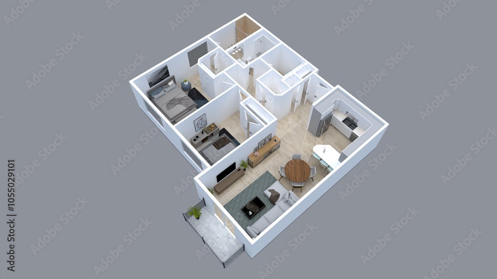 3D Floor plan of a 2 bedroom home, 3D illustration. Open concept living ...