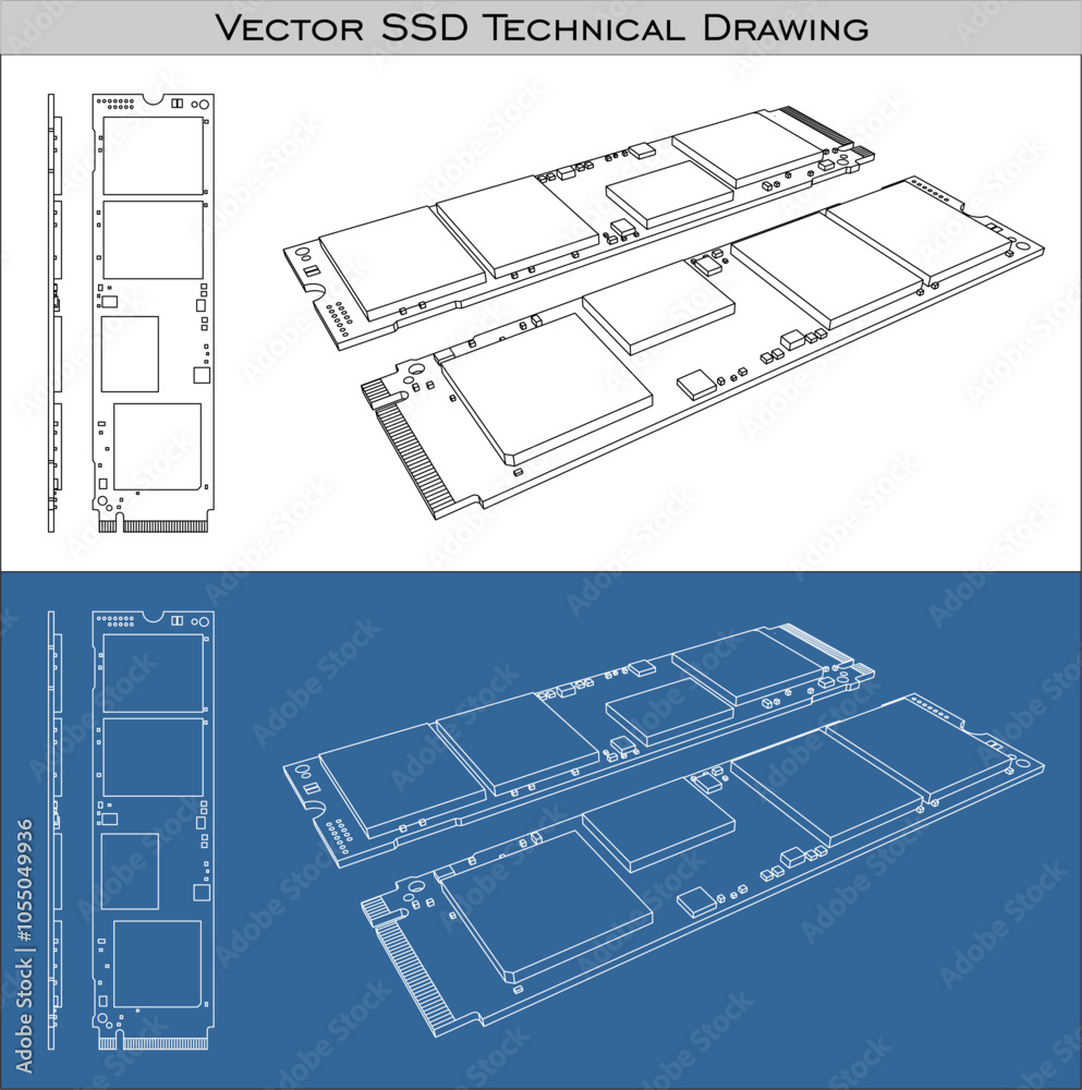 Vector NVMe SSD m.2 pcie Solid State Drive technical drawings line ...