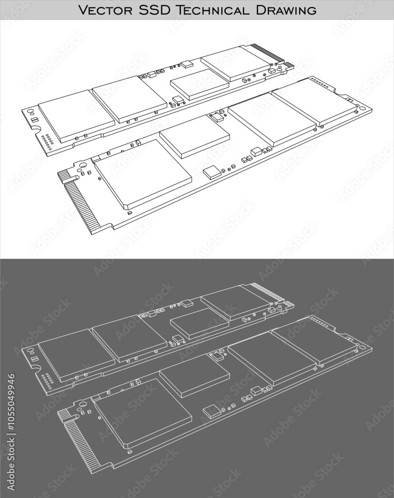 Vector NVMe SSD m.2 Solid State Drive technical drawings line blueprint isolated on transparent ...
