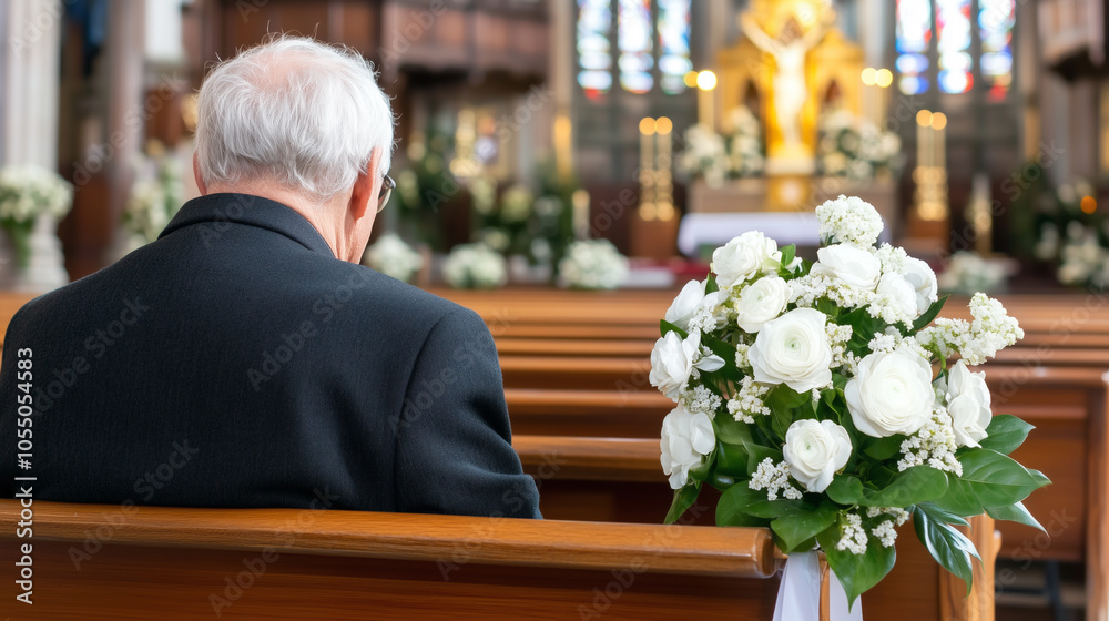 Senior man sitting alone on church pew bench to pray at funeral service ...