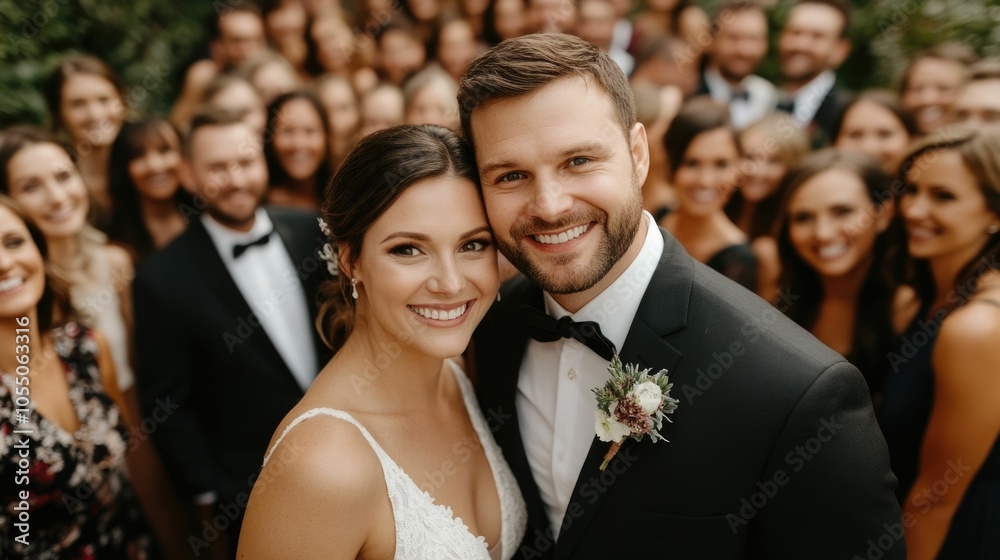 Newlywed couple posing for photos with a joyful crowd of guests ...