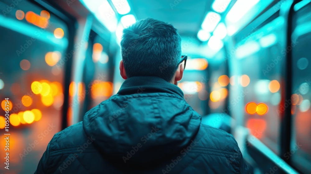 A man standing in a crowded bus gripping the rail with the city lights ...