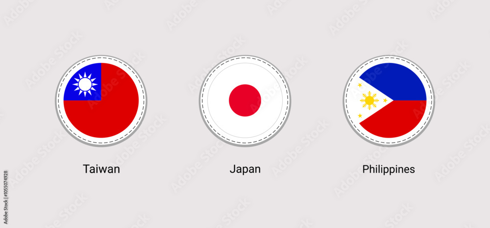 Japan, Taiwan, The Philippine rounded flags vector set. isolated icons ...
