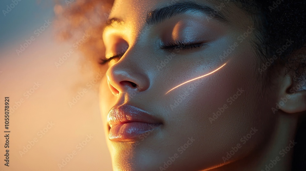 Focused image of a woman's face with skin-lifting lines tracing her ...