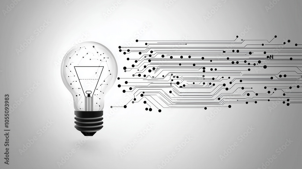 Light bulb with digital circuits on isolated background, symbolizing ...