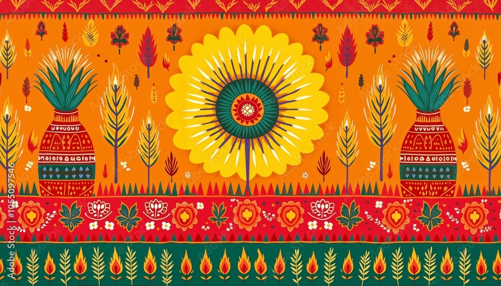 Bright Punjabi folk patterns in red, yellow, and green with flames and ...