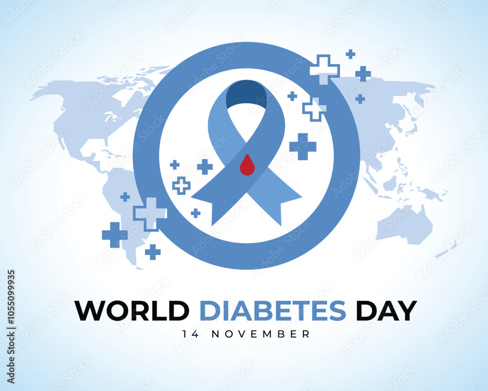 World diabetes day - Blue ribbon with red drop blood pin in blue circle ...