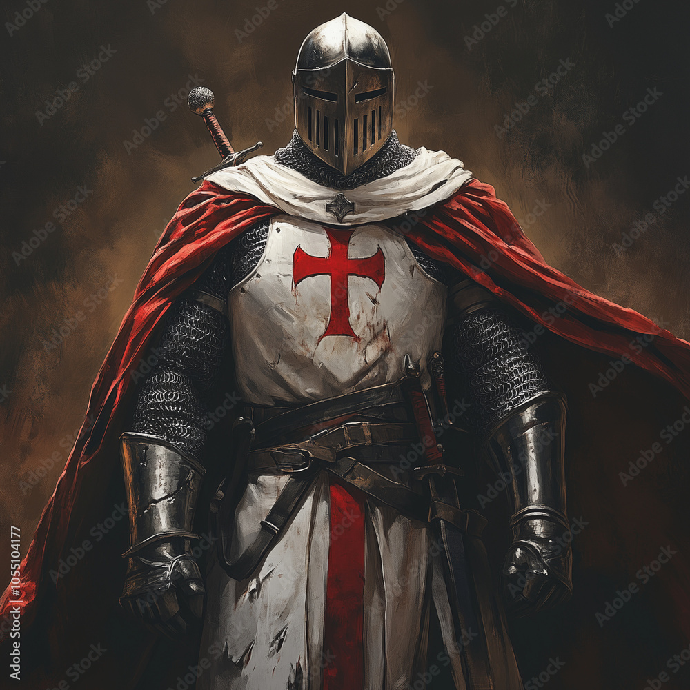 Knight in armor with a red cross and sword, wearing a cape Stock ...