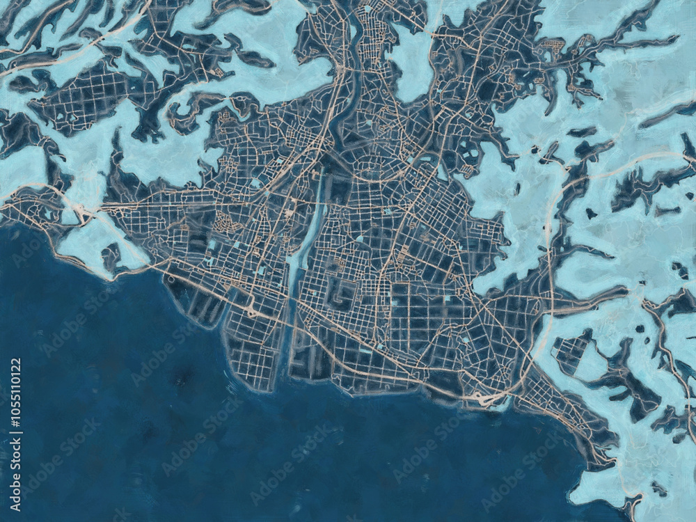 Painterly Style City Map of Kirishima, Japan in a Blue Color Scheme ...