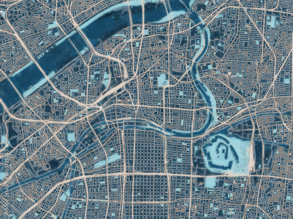 Painterly Style City Map of Osaka City Center, Japan in a Blue Color ...