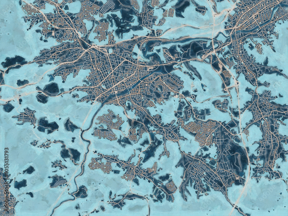 Painterly Style City Map of Tajimi, Japan in a Blue Color Scheme. Stock ...