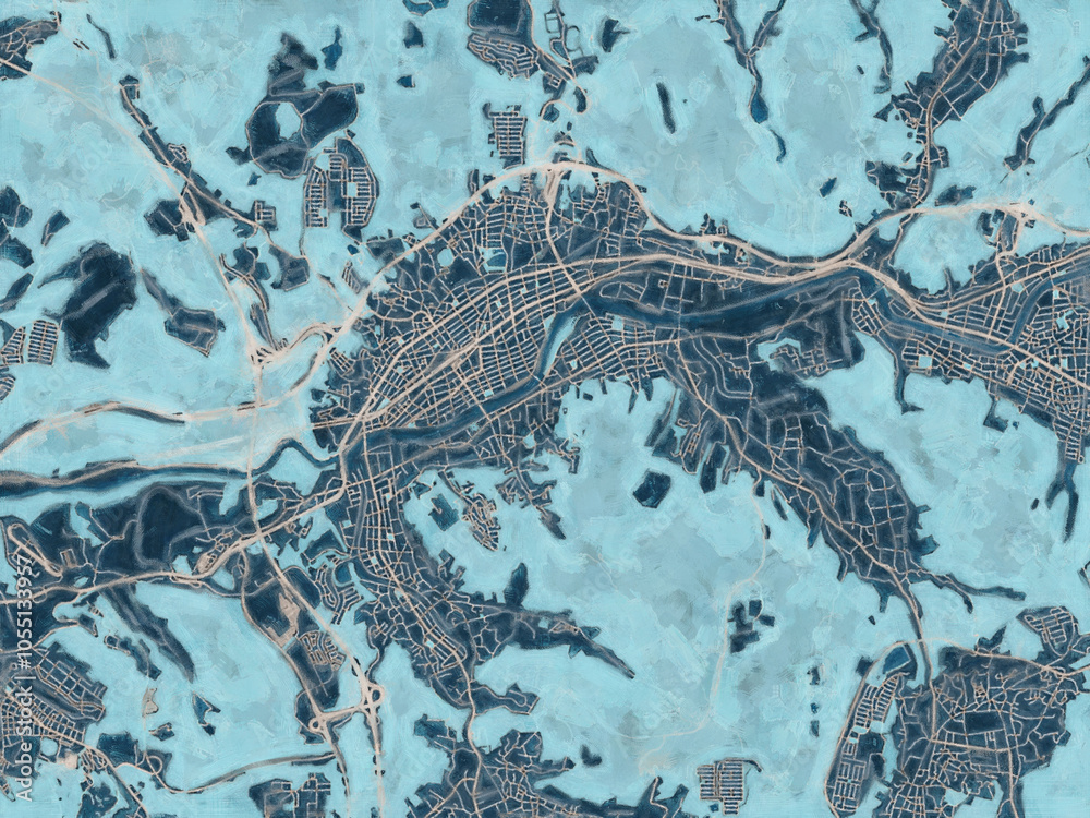 Painterly Style City Map of Toki, Japan in a Blue Color Scheme. Stock ...