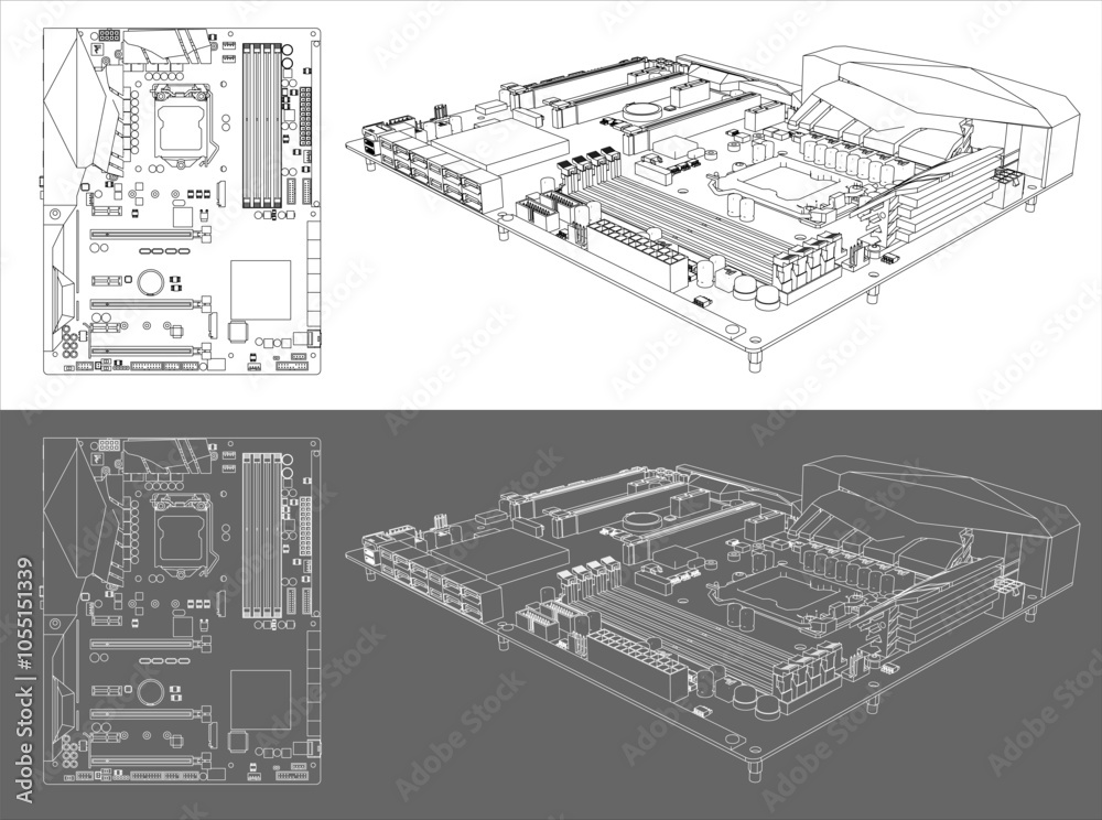 Gaming Motherboard vector technical drawings line blueprint isolated on ...