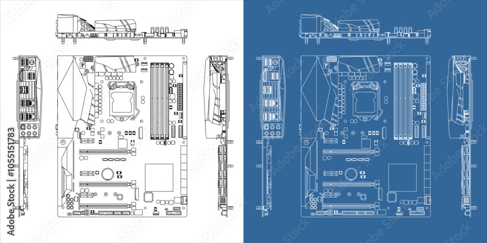 Gaming Motherboard vector with various positions technical drawings ...