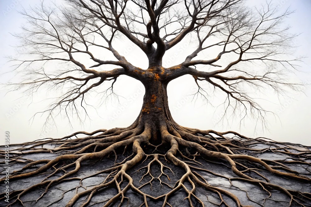 Black silhouettes of bare trees with roots against a white backdrop ...