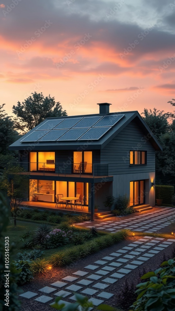 Modern house model with solar panels and evening lighting in a garden ...