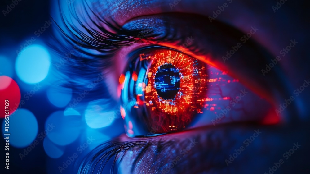 Human-cyborg hybrid eye, showing dilated pupil, inflamed eyelid ...