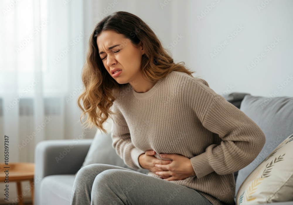 Woman experiencing severe abdominal pain, holding her belly with ...