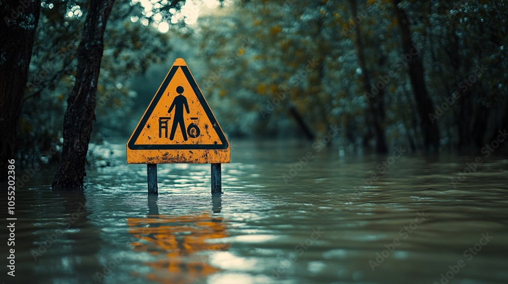 2410 86.A warning sign partially submerged in murky floodwater ...
