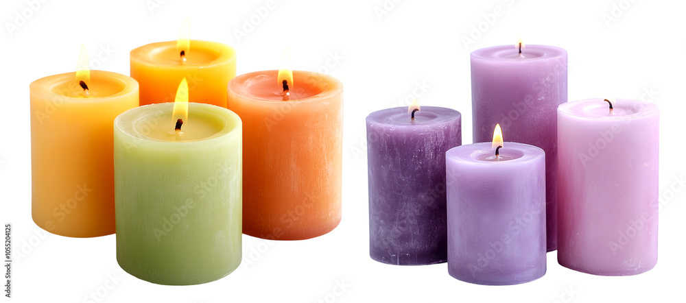 Set of colorful pillar candles with flames isolated on transparent ...