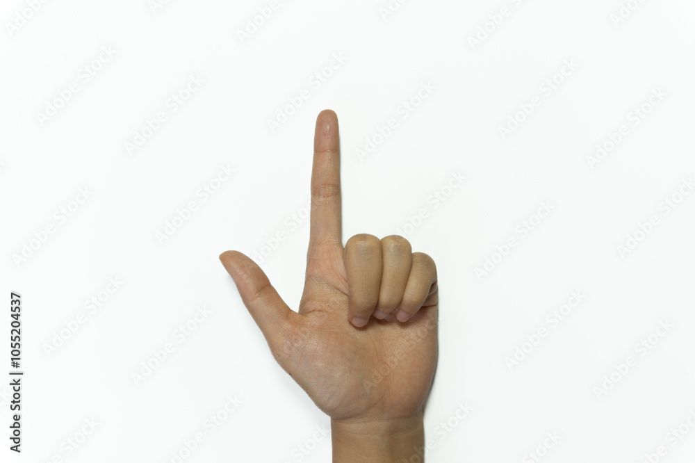 Hand showing thumb and index finger sign together isolated on white ...