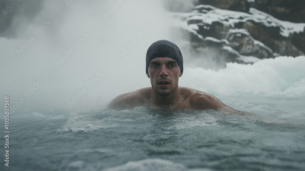 Swimmer Emerging From an Ice-Cut Pool, with mist rising from the frigid ...
