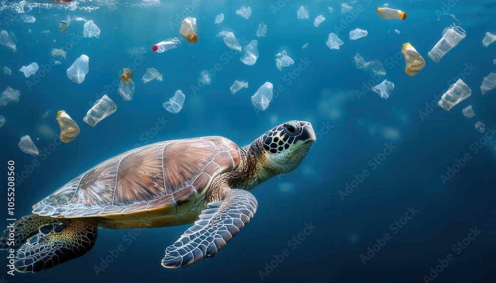 Sea Turtle Endangered by Plastic Pollution. Underwater Image of Marine Turtle Swimming Amidst ...