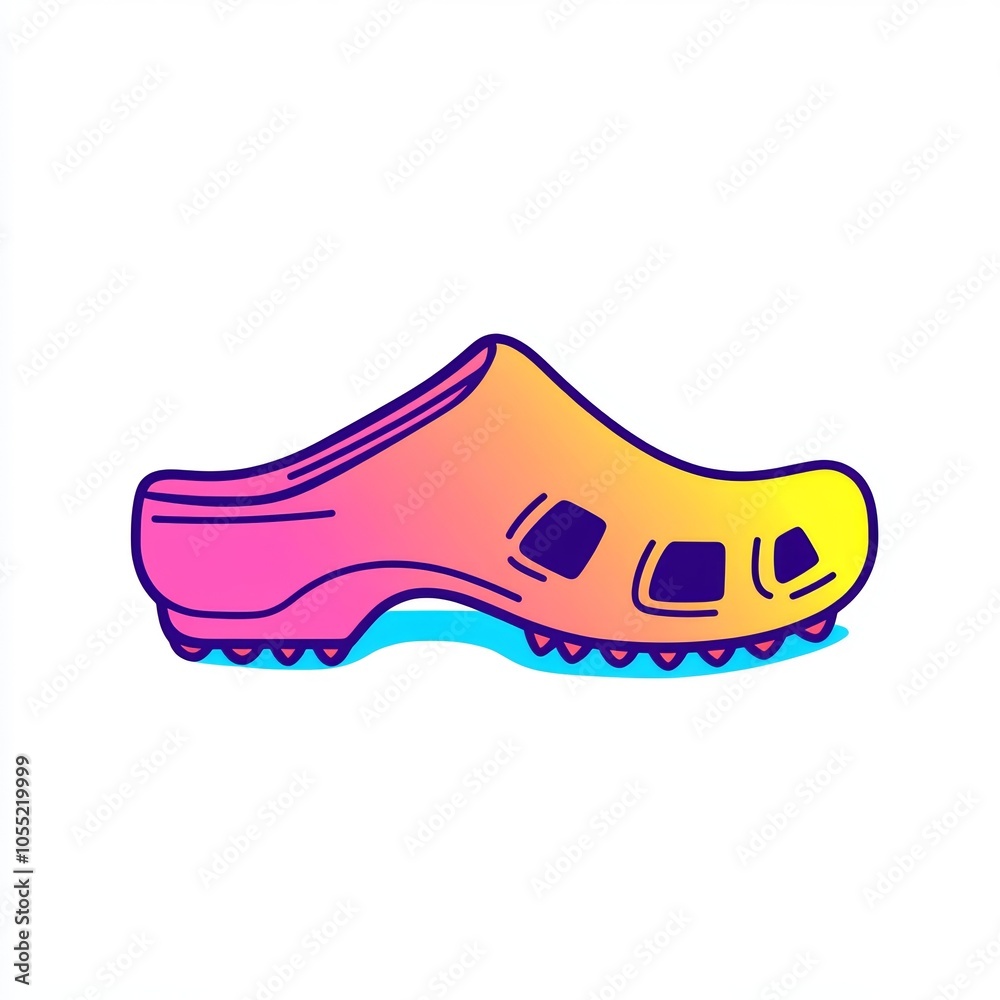 This simple line drawing showcases a neon-colored clog in a flat design ...