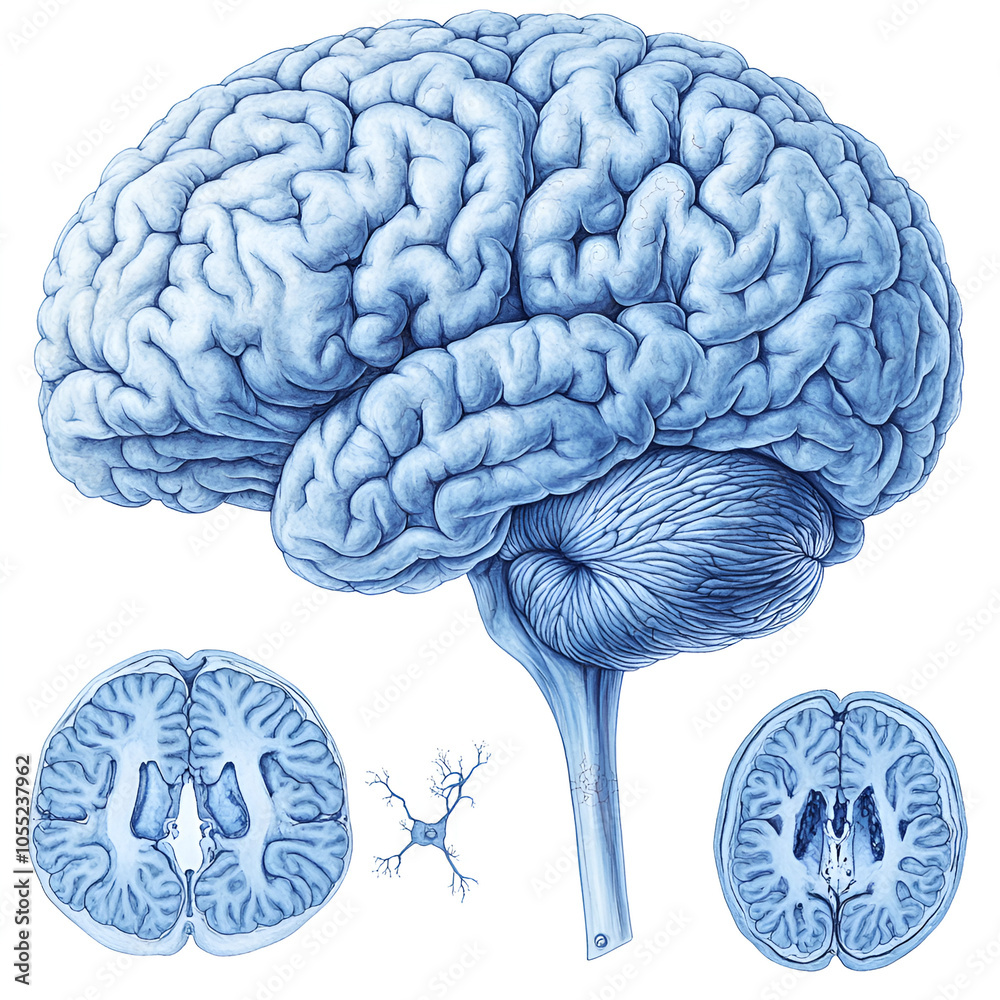 Detailed illustration of a human brain anatomy with a focus on ...