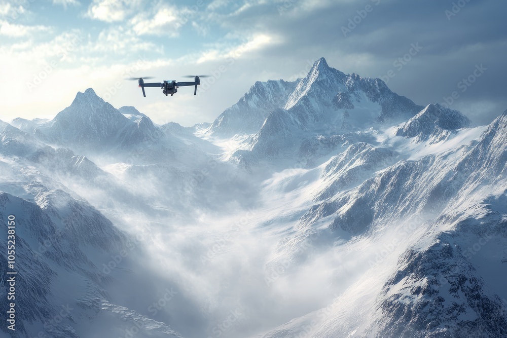 flying drone , with dramatic sky as background ,between the ice top ...